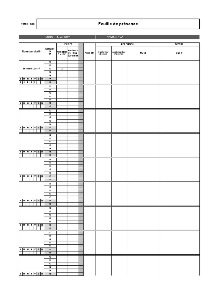 Feuille de Presence Salarie Mensuelle | PDF