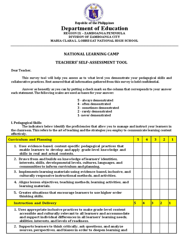Teacher Self-Assessment Tool Guide | PDF | Learning | Educational ...