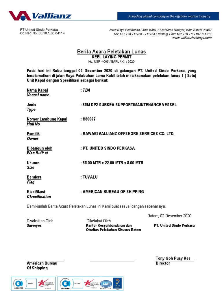 H80067 - Berita Acara Peletakan Lunas (Draft) | PDF