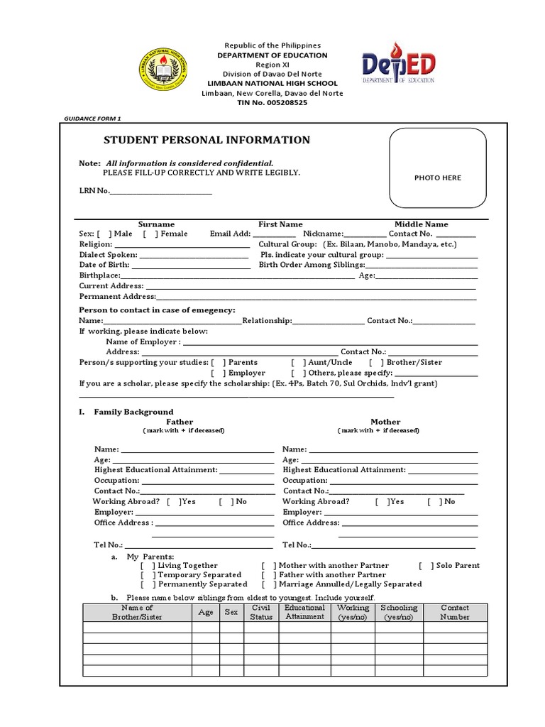 Student Personal Information Form | PDF
