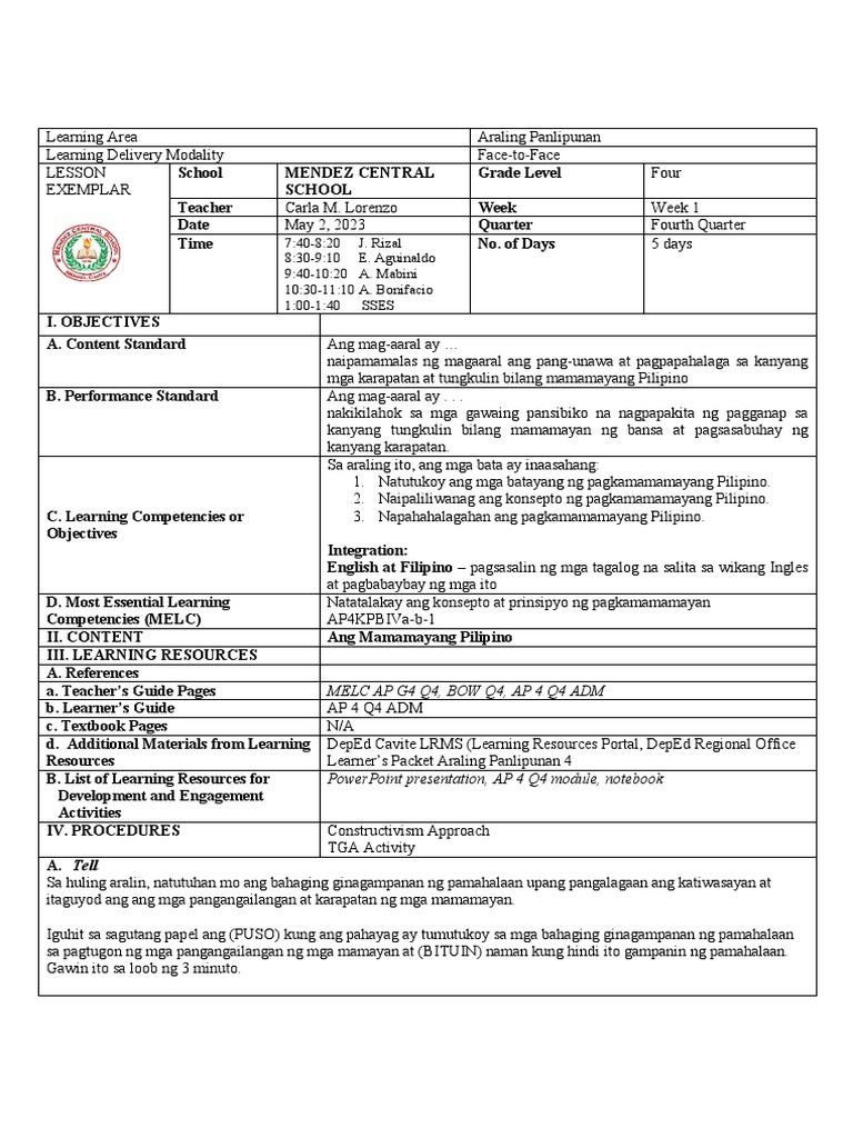 Ap 4 Q4 DLP Week 1 Day 1 | PDF