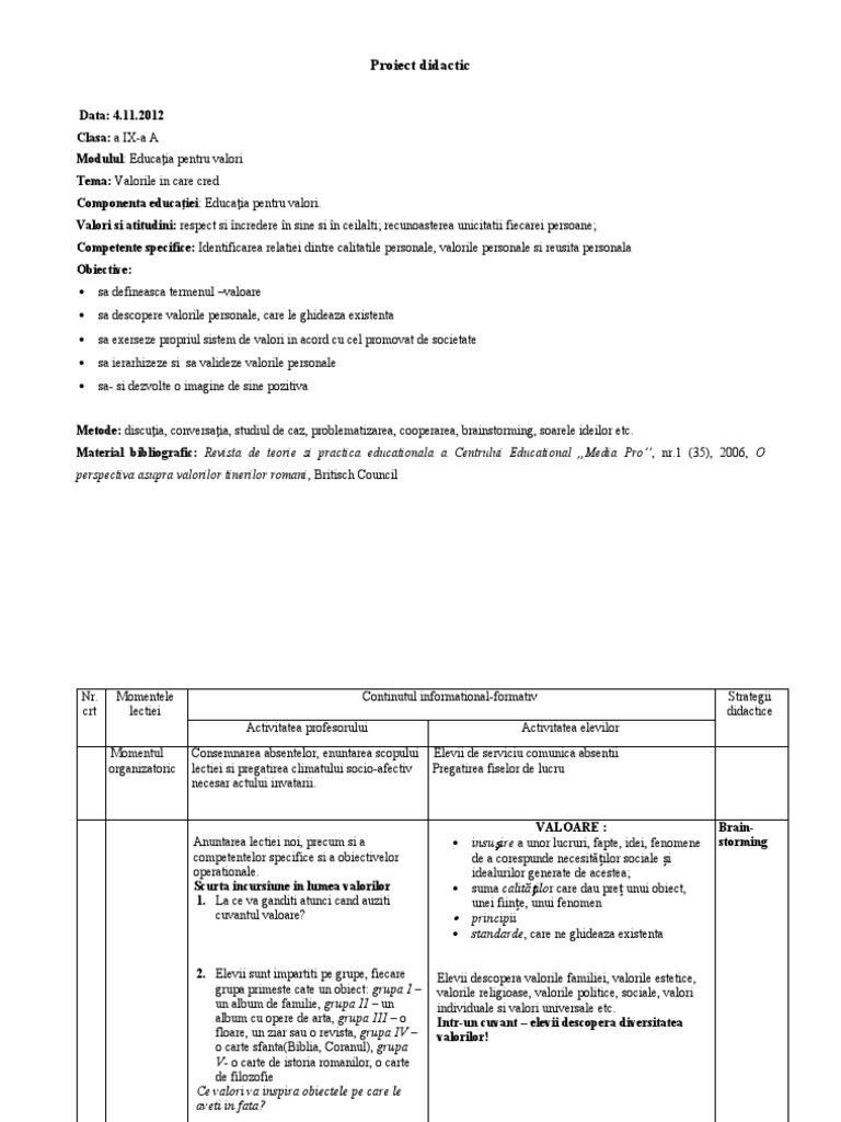 171 - Proiect - Didactic Valorile Si Nonvalorile | PDF