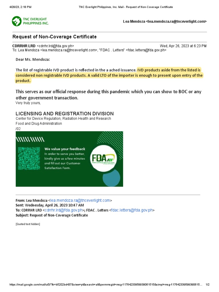 CPR ALL MINDRAY RGTS FDA Letter - Non-Coverage Certificate For IVD ...