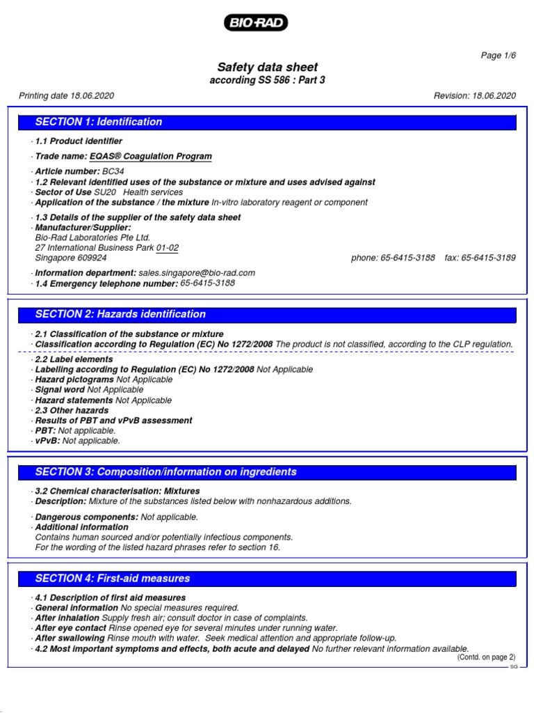 BC34 SDS - EQAS Coagulation Program | PDF