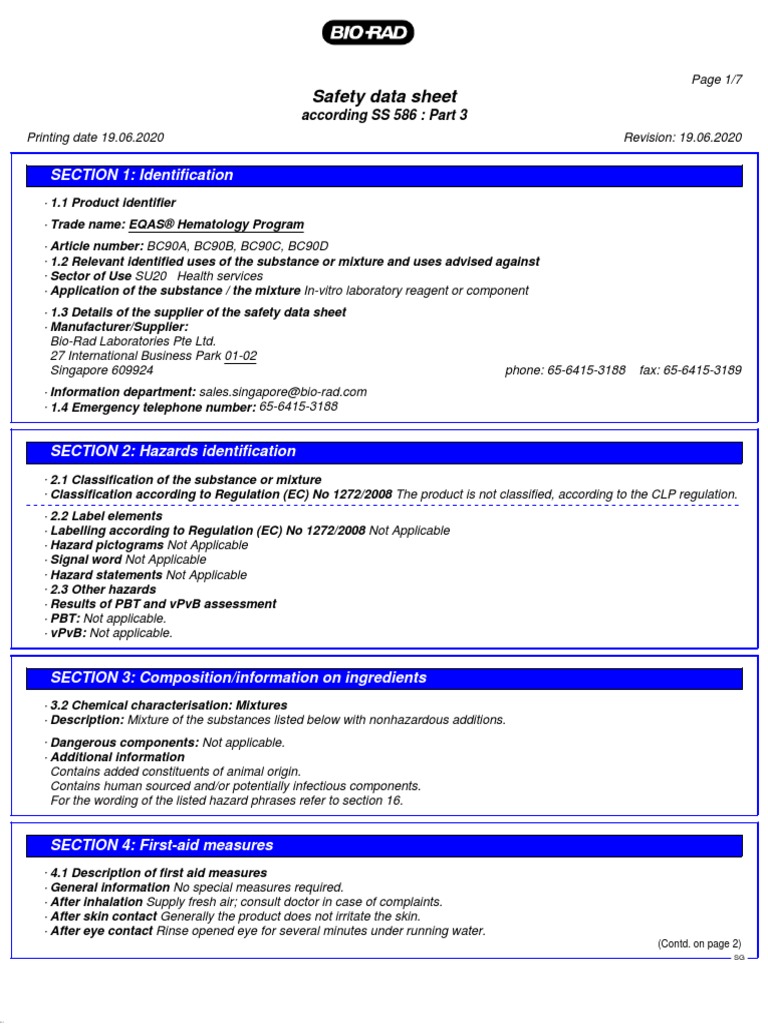 Bc90a, Bc90b, Bc90c, Bc90d Sds - Eqas Hematology Program | PDF | Dangerous Goods | Working ...