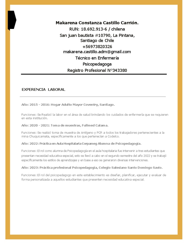 Curriculum Vitae - Makarena Castillo | PDF | Enfermería | Chile