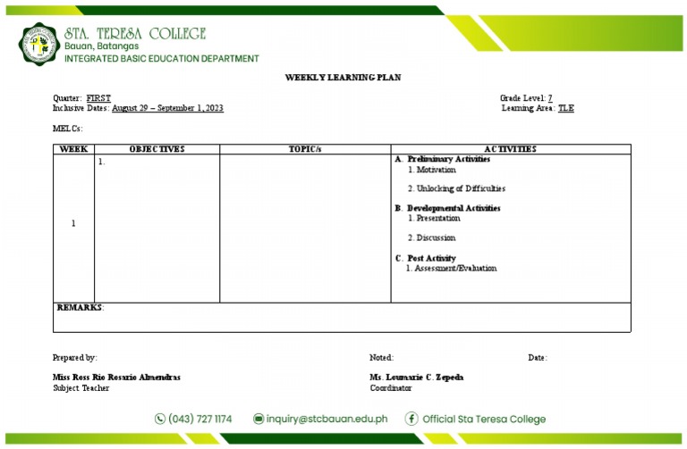 Template - Weekly Learning Plan - SY 2023 - 2024 - Landscape | PDF
