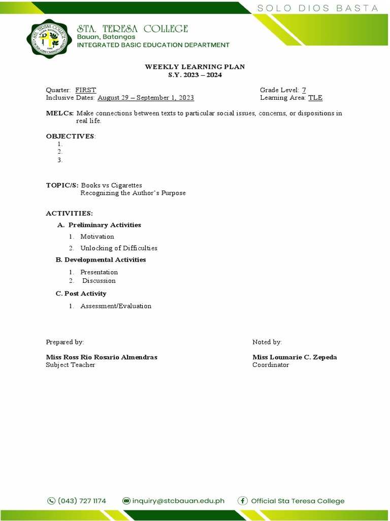 Template - Weekly Learning Plan - SY 2023-2024 - Portrait | PDF