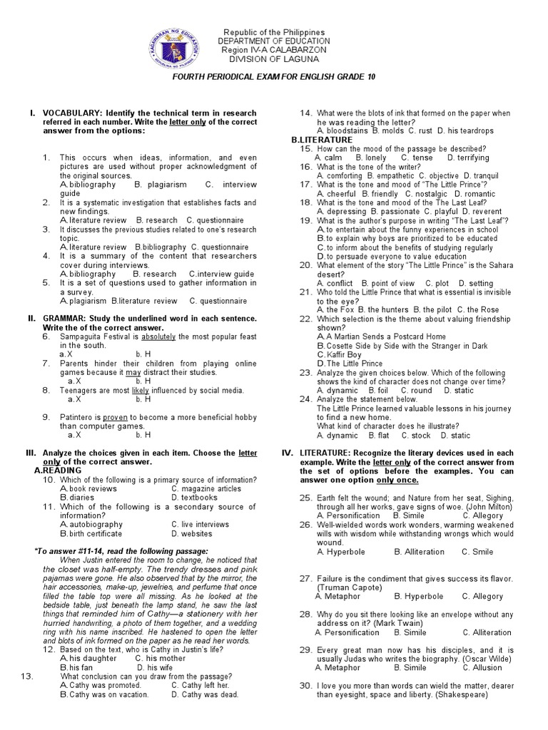 Grade 10 4th Periodical Test Edited | PDF