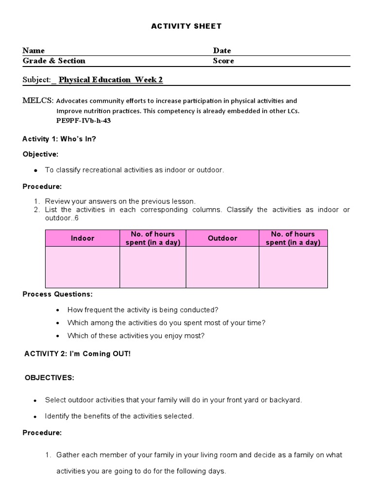 Physical Education Activity Sheet Week 2 | PDF | Physical Education ...