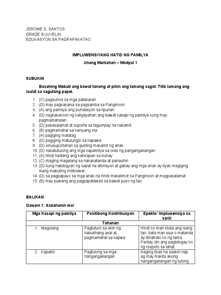 JEROME S. SANTOS - ESP Unang Markahan - Modyul 1) | PDF