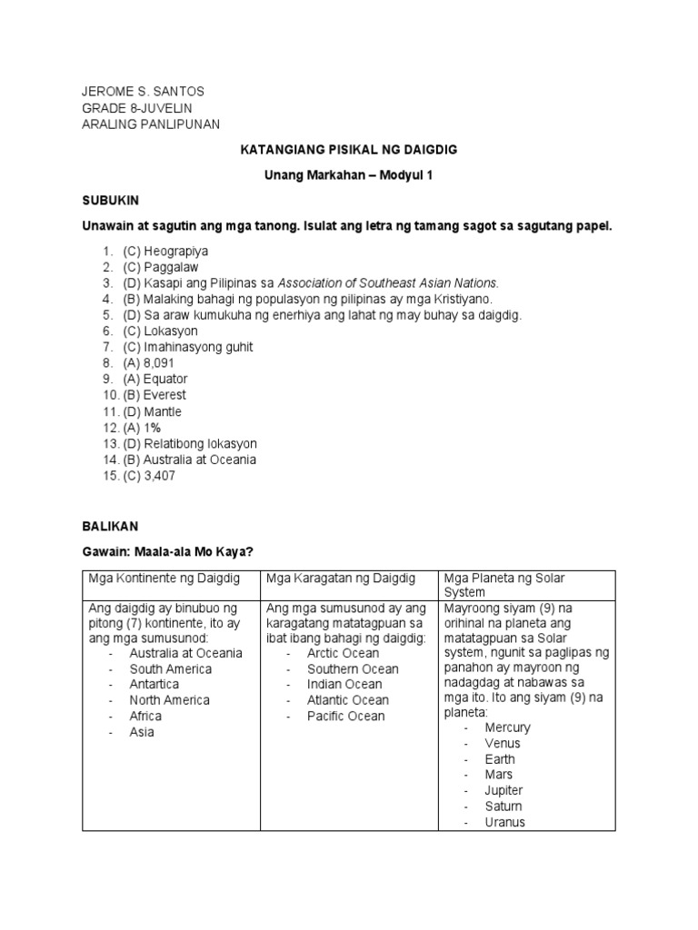 JEROME S. SANTOS - Araling Panlipunan Unang Markahan - Modyul 1 | PDF