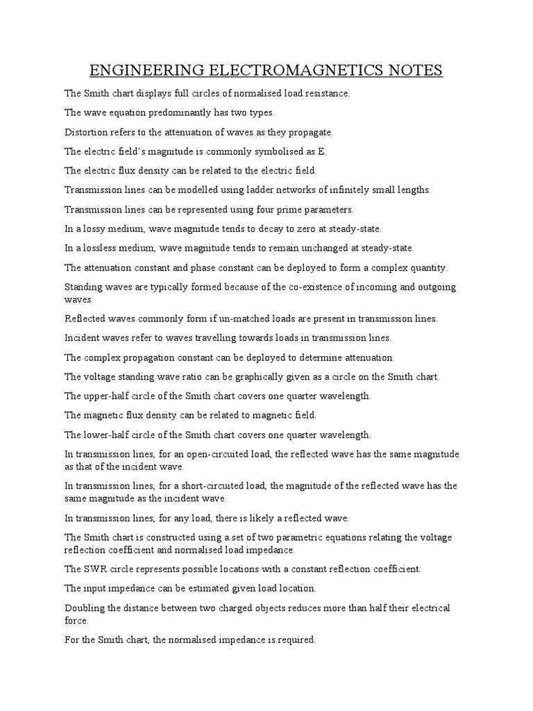 Engineering Electromagnetics Notes | PDF | Transmission Line | Waves Engineering Electromagnetics Notes | PDF | Transmission Line | Waves