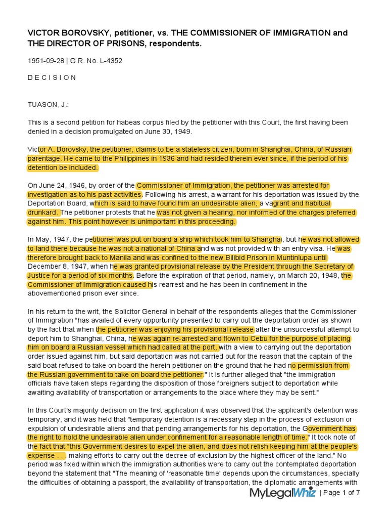 Borovsky vs. Immigration: Habeas Corpus Decision | PDF | Bail | Habeas ...