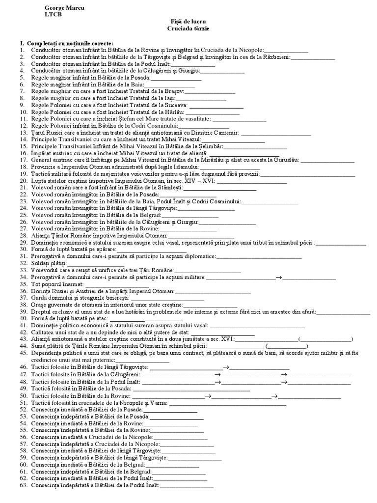 Fișă de lucru pentru Bacalaureat: Cruciada Târzie | PDF