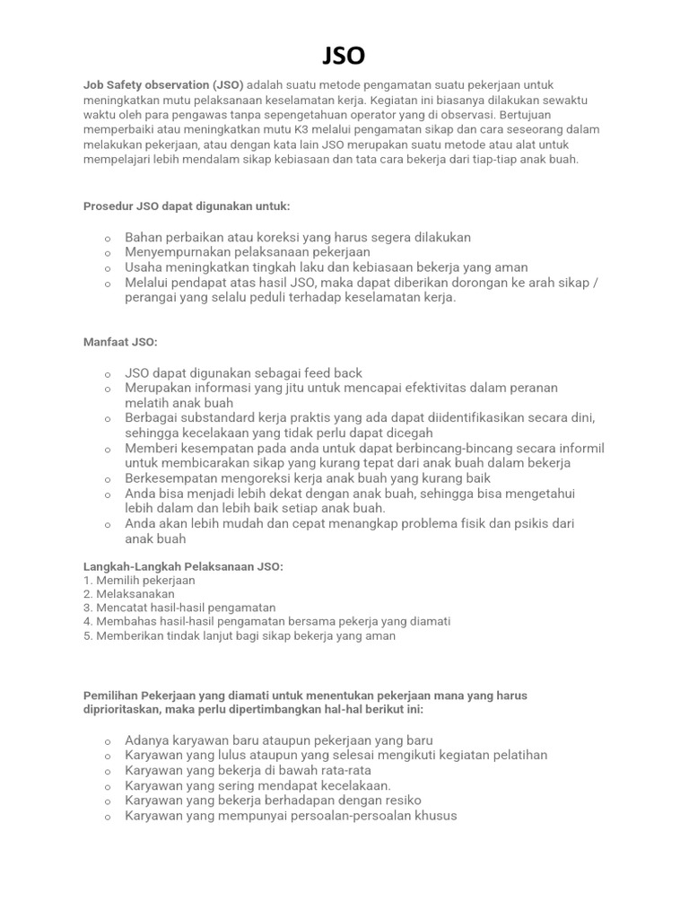 Job Safety Observation JSO | PDF