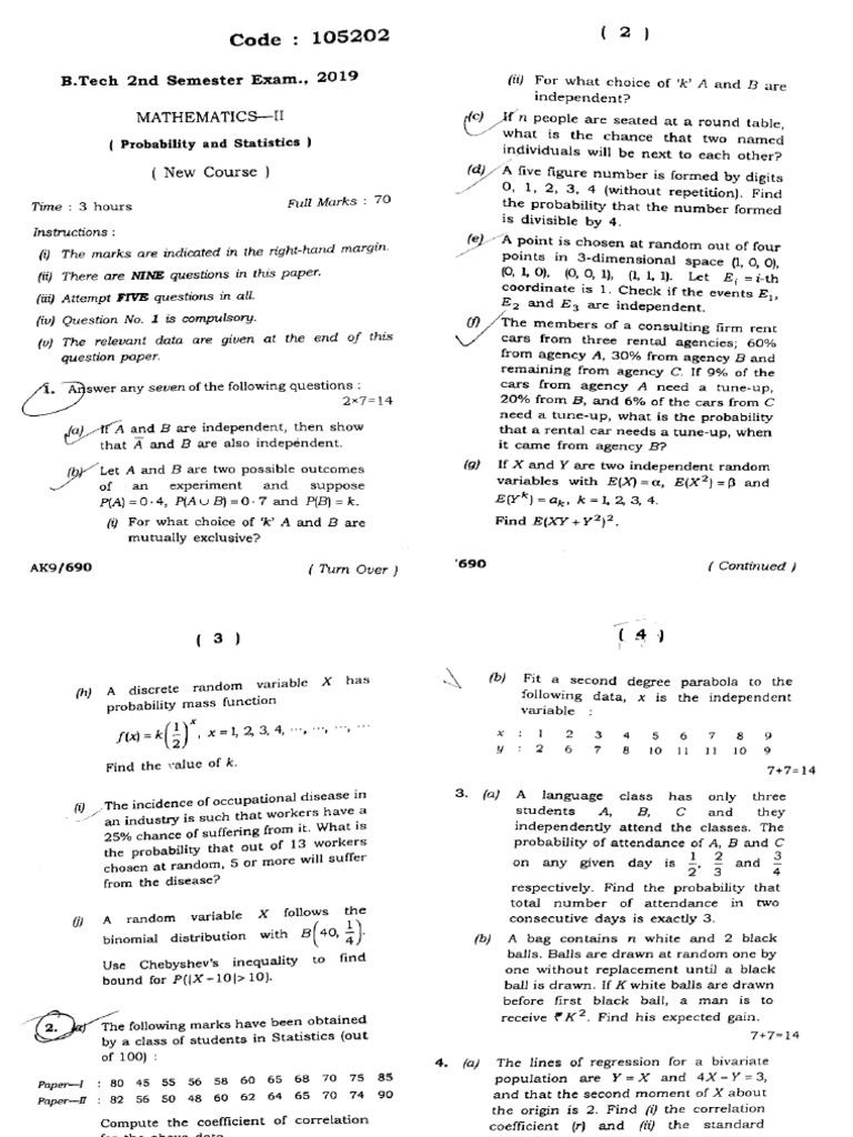 Btech 2 Sem Mathematics 2 Probability and Statistics 105202 2019 | PDF