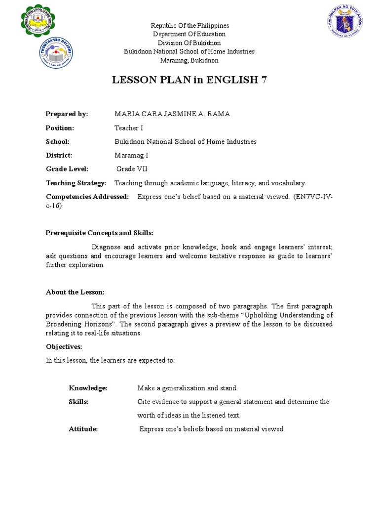 Lesson Plan in English 7 (Semi-Detailed) | PDF