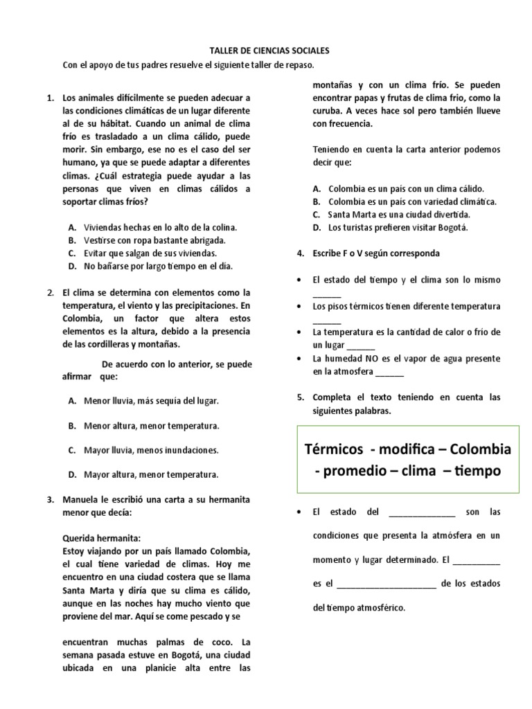 TALLER DE CIENCIAS SOCIALES de Repaso EL CLIMA Y LA TEMPERATURA | PDF