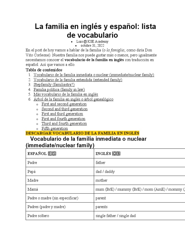 La Familia en Inglés y Español | PDF