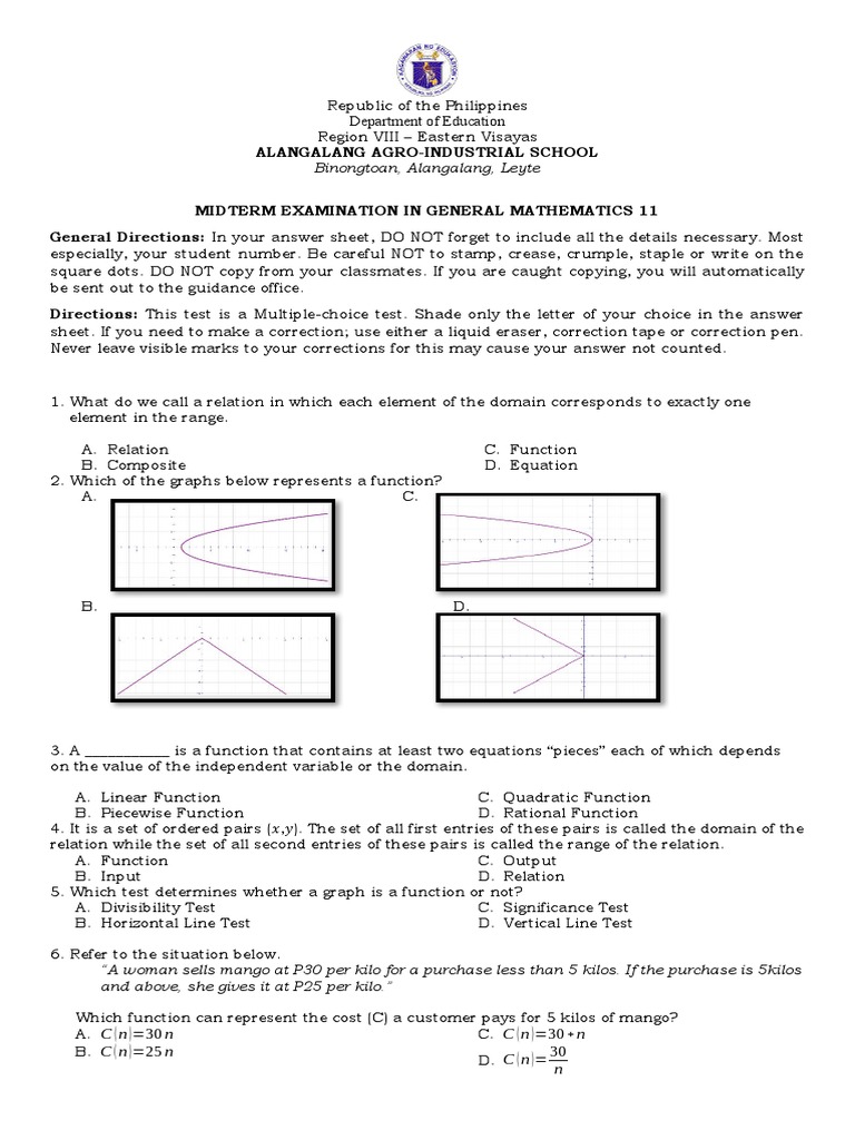 MIDTERM EXAMINATION IN GENERAL MATHEMATICS 11 2022-2023 | PDF | Function (Mathematics) | Mathematics