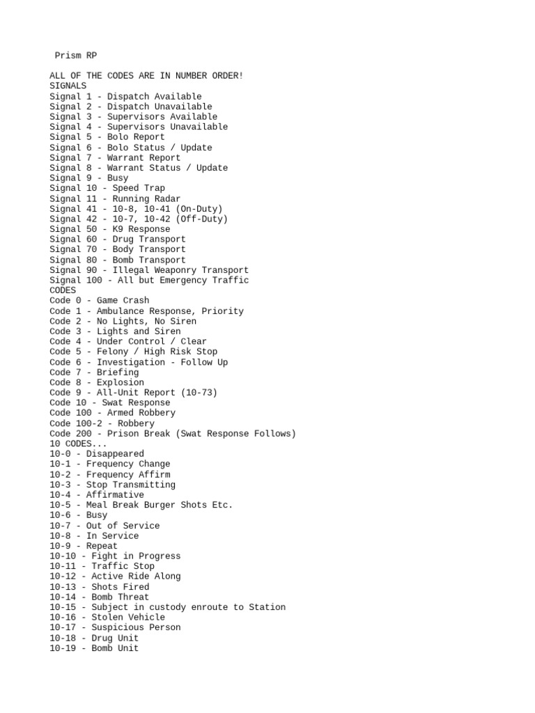 Comprehensive Signal and Code List | PDF | Shootout | Crimes