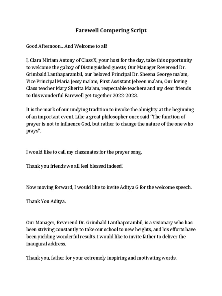 Farewell Compering Script | PDF | Wellness