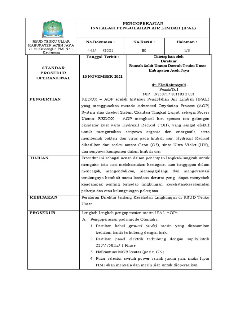 Sop Pengoperasian Ipal | PDF