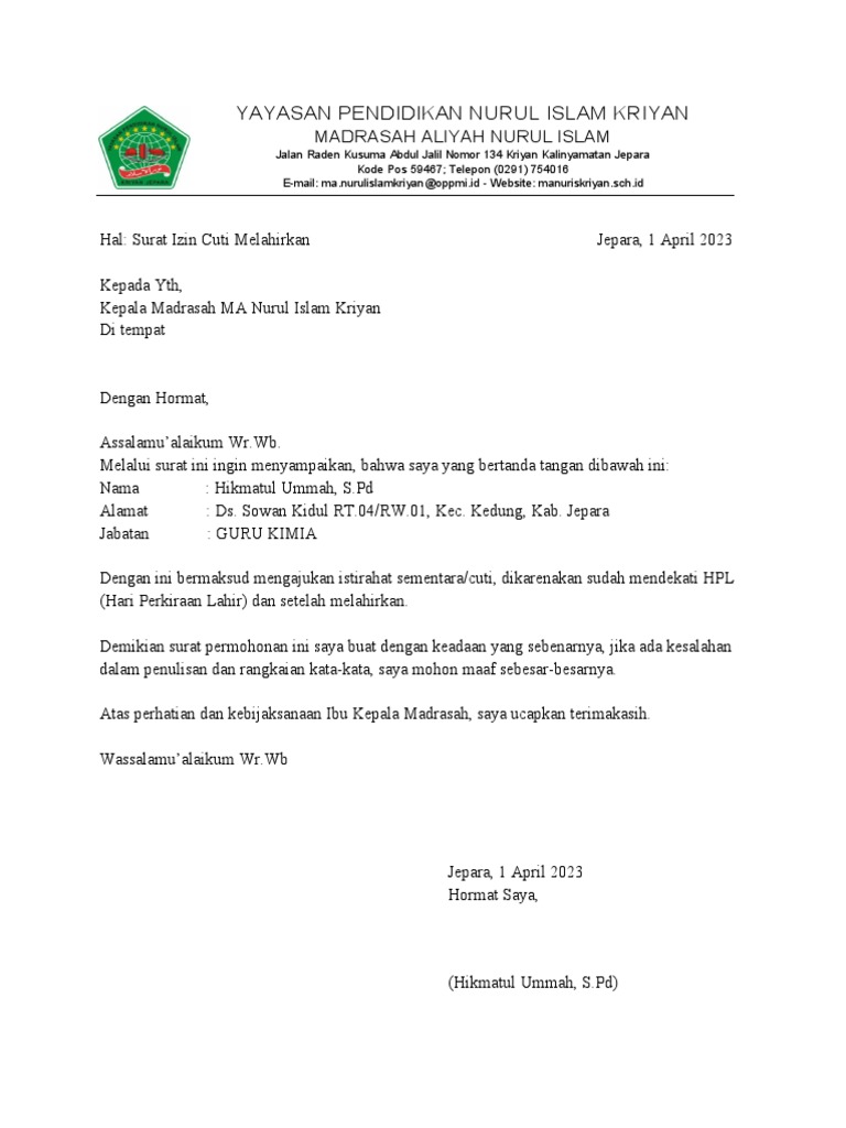 Surat Ijin Cuti MA | PDF