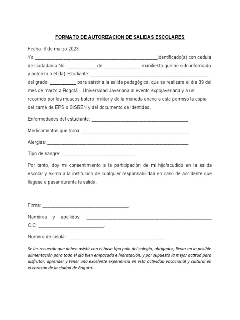 Formato de Autorizacion de Salidas Escolares | PDF