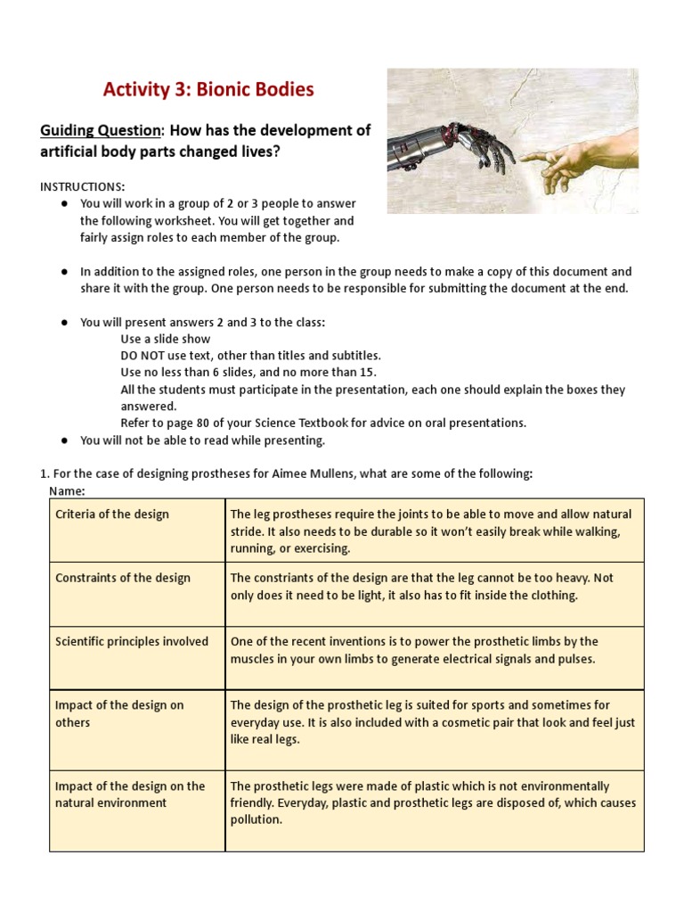 Activity 3 - Bionic Bodies | PDF | Prosthesis | Clinical Medicine