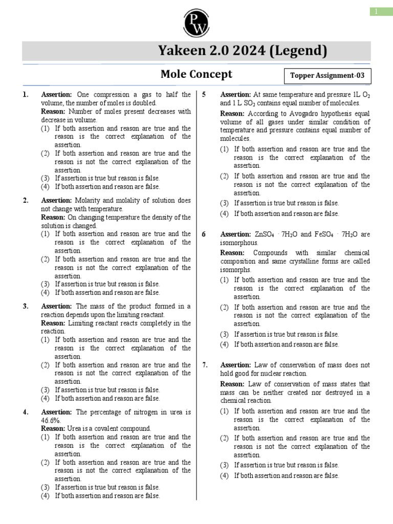 Mole Concept - Toppers Assignment 03 - Yakeen 2.0 2024 (Legend) | PDF ... Mole Concept - Toppers Assignment 03 - Yakeen 2.0 2024 (Legend) | PDF ...