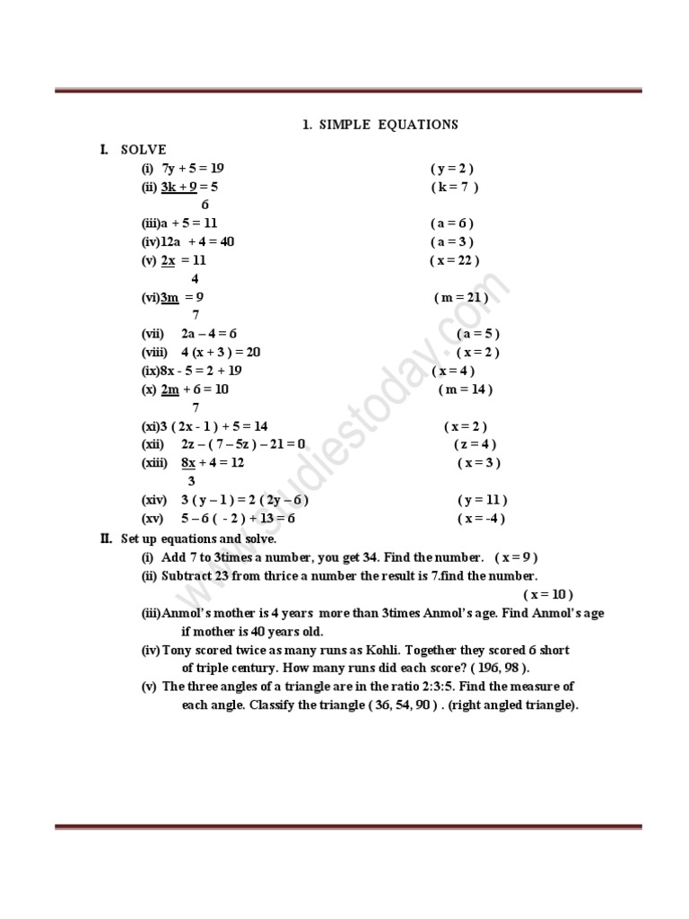 CBSE Clas 7 Maths Worksheet - Simple Equations | PDF | Triangle ...