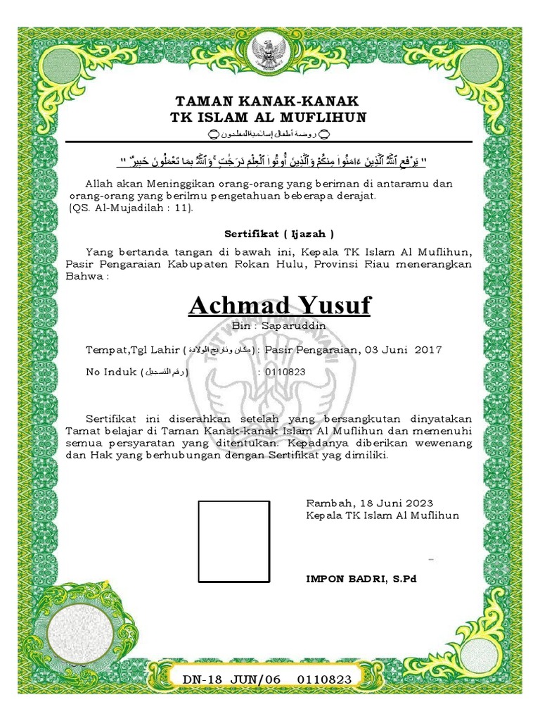 Ijazah TK Islam Al Muflihun | PDF