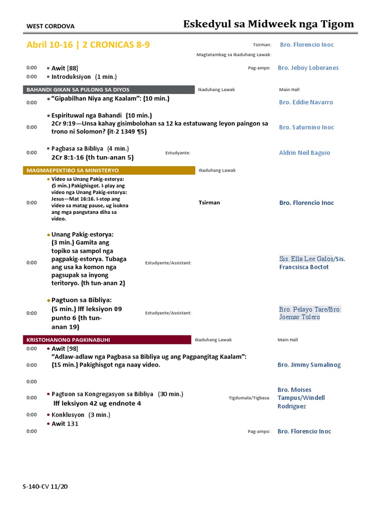 Eskedyul Sa Midweek Nga Tigom: Abril 10-16 - 2 CRONICAS 8-9 | PDF