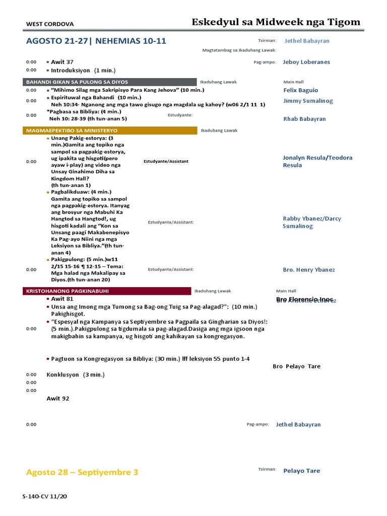 Eskedyul Sa Midweek Nga Tigom: AGOSTO 21-27 - NEHEMIAS 10-11 | PDF