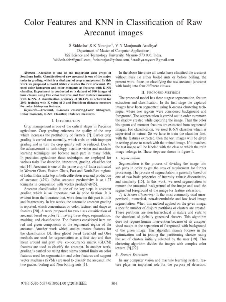 Color Features and KNN in Classification of Raw Arecanut Images | PDF