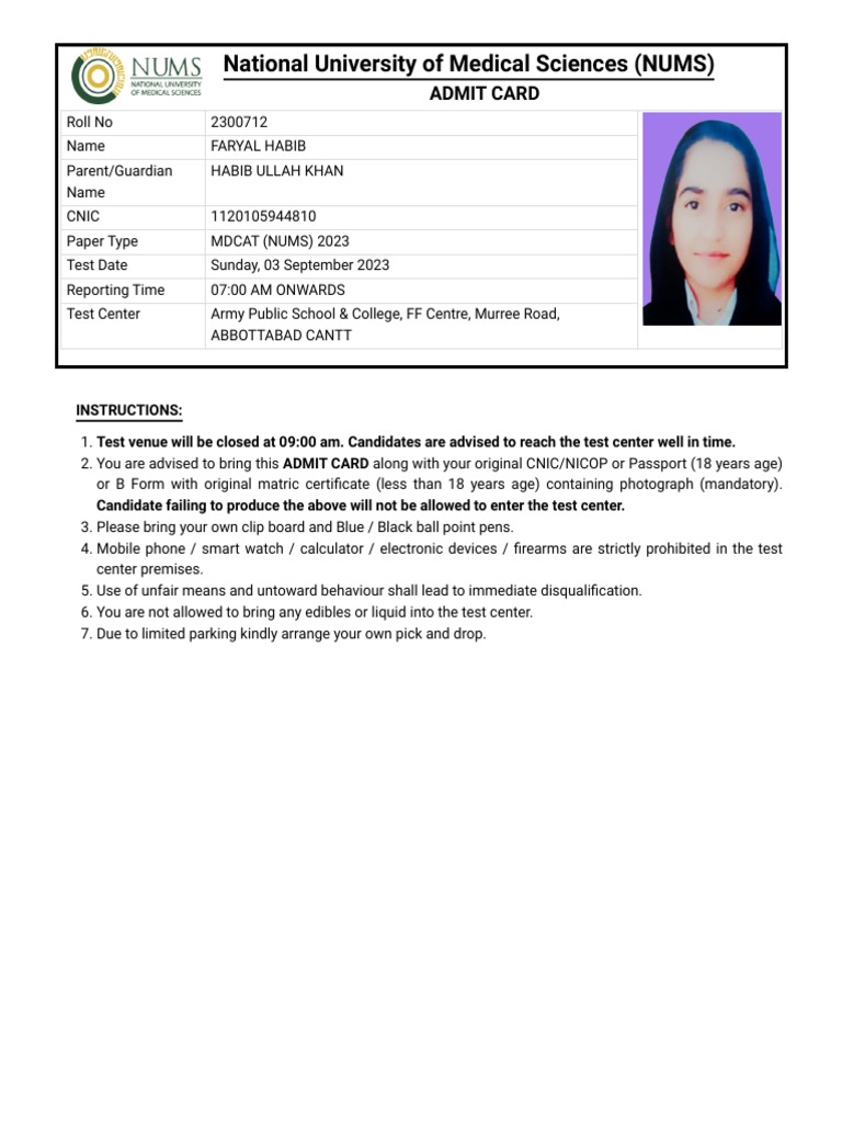 Faryal Nums Admit Card | PDF Faryal Nums Admit Card | PDF