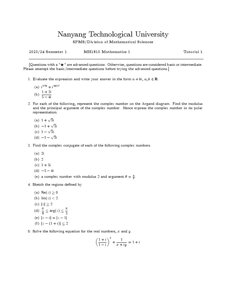 MH1810 Tut 1 2023 Complex | PDF