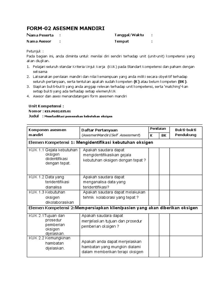 FORM 02, Assesmen Mandiri | PDF