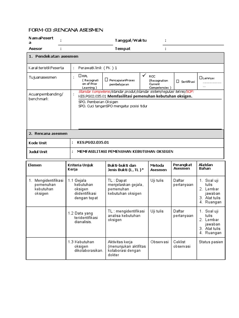 FORM 03 Rencana Assesment | PDF