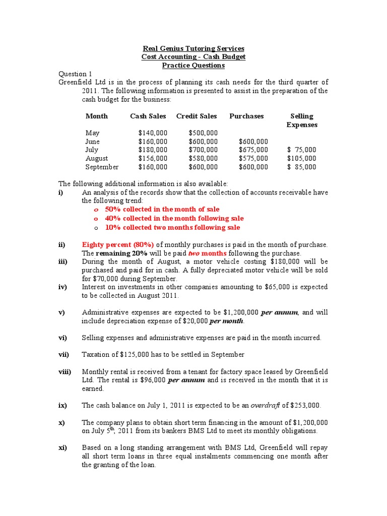 Cost Accounting - Cash Budget | PDF | Expense | Depreciation