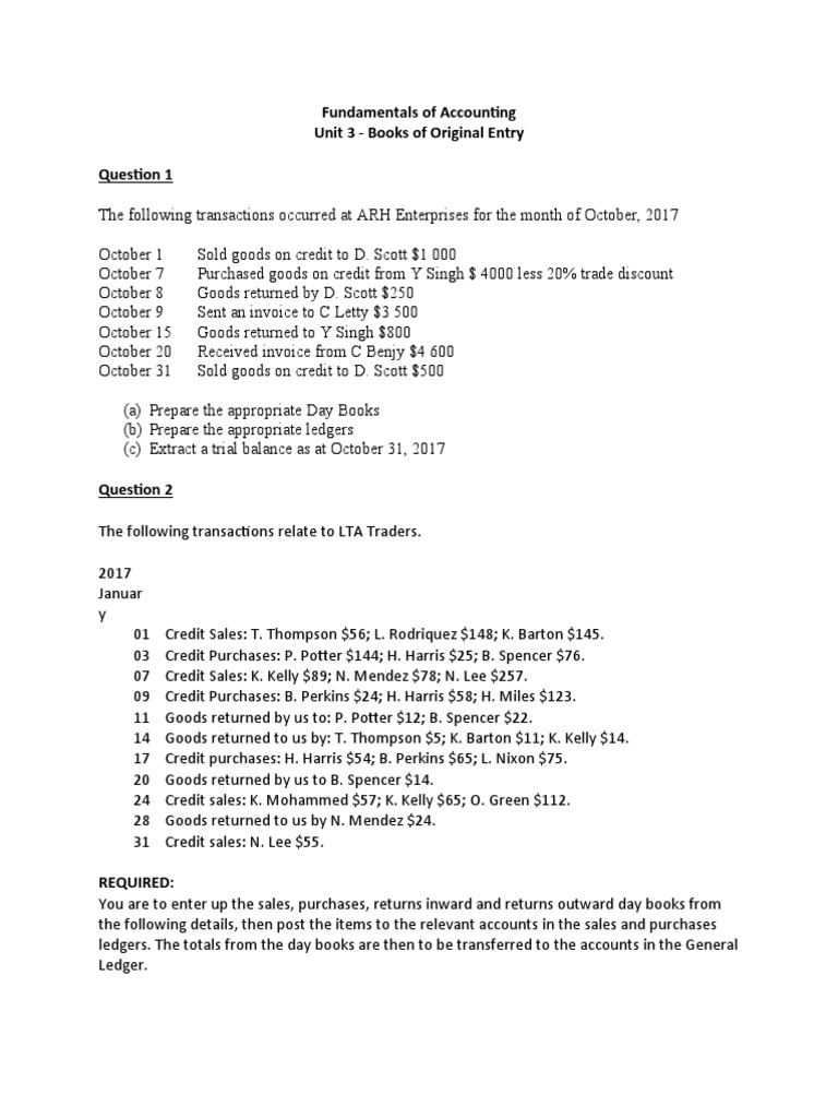 Practice Questions - Books of Original Entry | Download Free PDF ...