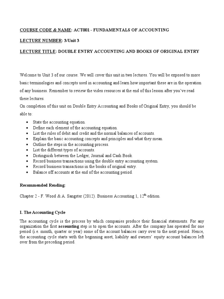 FOA - UNIT 3 (A) - Double Entry Accounting and Books of Original Entry ...