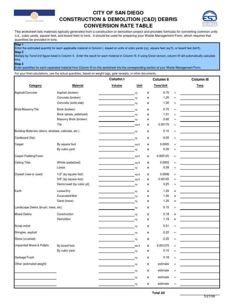 C&D Debris Conversion Rate Table | PDF | Home & Garden