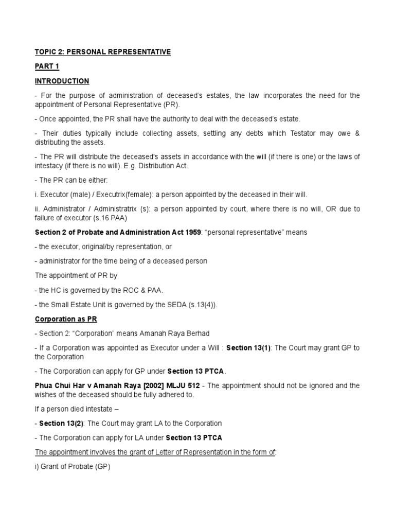 Topic 2: Personal Representatives | PDF | Probate | Will And Testament