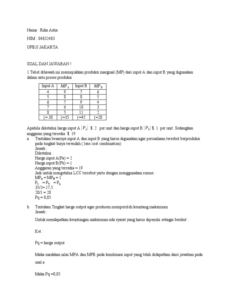 Soal Dan Jawaban Tugas 2 Pengantar Ekonomi Mikro | PDF