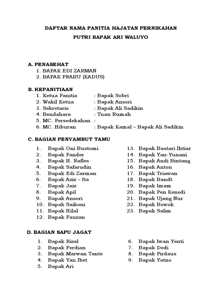Daftar Nama Panitia Hajatan Pernikahan | PDF