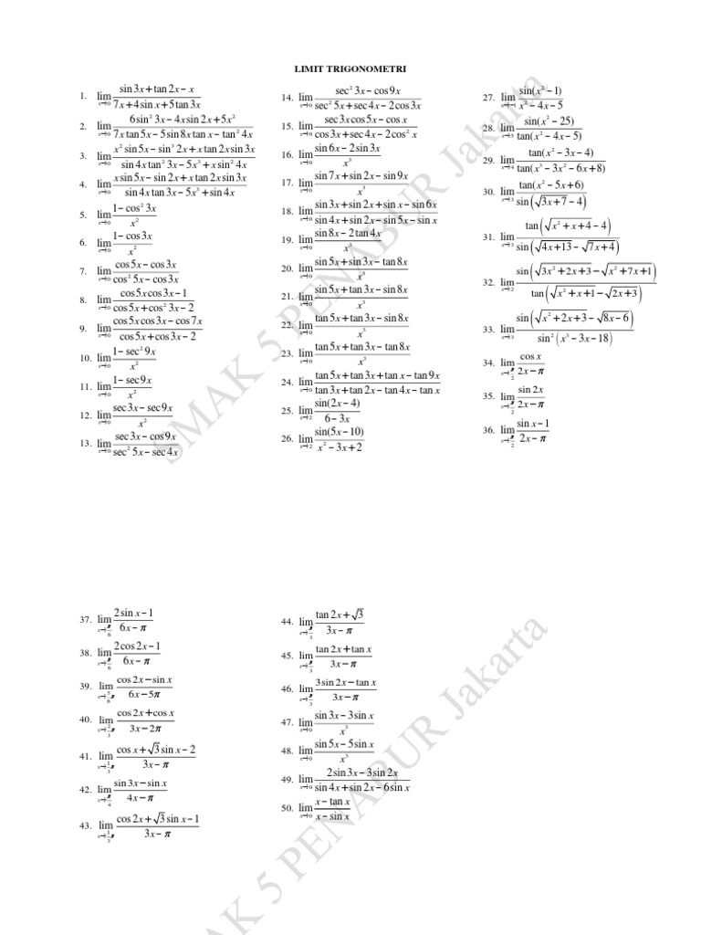 Latihan Limit Trigonometrii Mat (M) XII Semester 1 2023-2024 | PDF