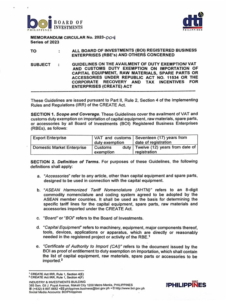 BOI MC 2023-004-Guidelines On Availment of Duty and VAT Exemption | PDF